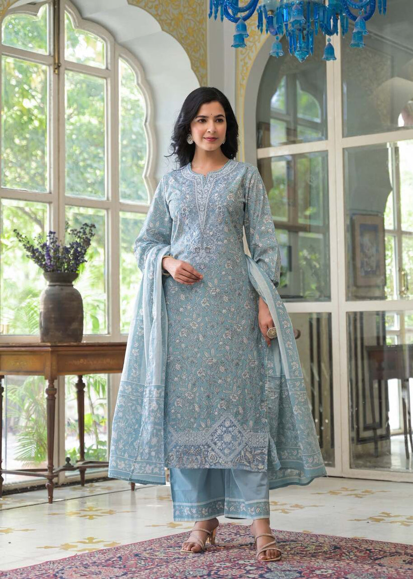 Storm Serenity Greyish Blue Cotton Suit Set – Label Blisstara